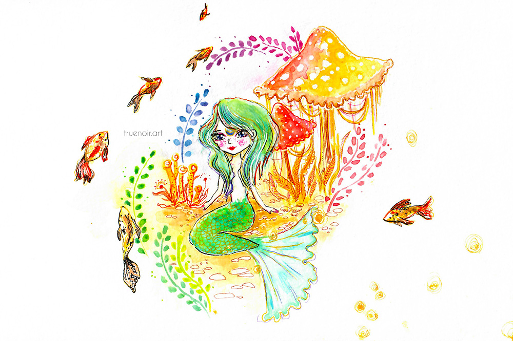 Mermaid Illustration - Watercolor Challenge - True Noir